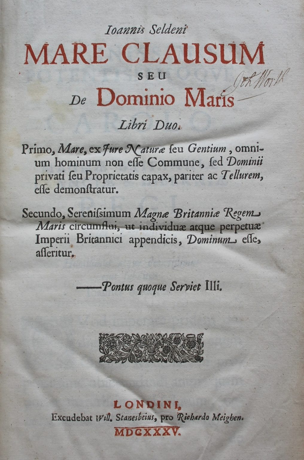 2024 July Mare Clausum Seu, De Dominio Maris … (London 1635) by John ...